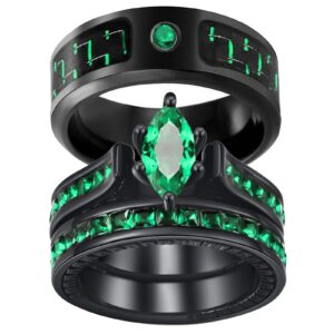 ringheart his and her couple rings black matching ring 1.5ct green cz women wedding ring sets for him and her