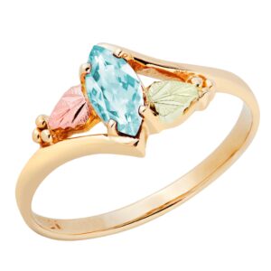 synthetic aquamarine marquise march birthstone bypass ring, 10k yellow gold, 12k green and rose gold black hills gold size 8.5