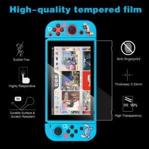 oqpa for Nintendo Switch Case Cute Kawaii Cartoon Design Cover, Fun Funny Switch Game Shell for Girls Kids Screen Protector Glass + TPU Soft Cases for Nintendo Switch (Blue Stitc)