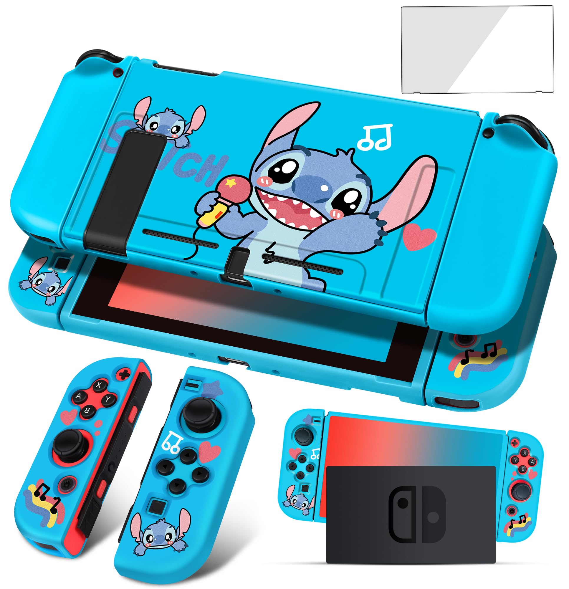 oqpa for Nintendo Switch Case Cute Kawaii Cartoon Design Cover, Fun Funny Switch Game Shell for Girls Kids Screen Protector Glass + TPU Soft Cases for Nintendo Switch (Blue Stitc)