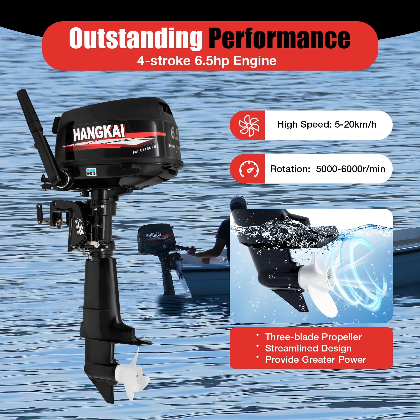 6.5HP 4 Stroke Outboard Motor, Heavy Duty Boat Motor with Water Cooling System Fishing Boat Engine with 12 Liter Fuel Tank - Tiller control, Manual start, 123CC, Short Shaft