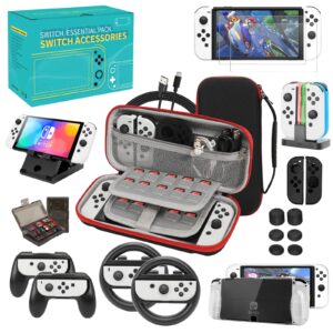 switch oled accessories bundle kit with carrying case,tpu cover,screen protector,charging dock, silicone skin,playstand,usb cable, game case,grip and steering wheel & caps for nintendo switch oled