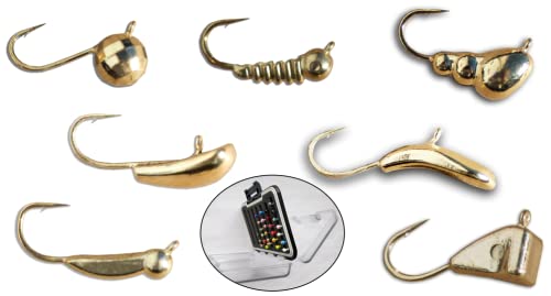 Tungsten Ice Fishing Jigs - Lucky 14 Pack Gold 4-6mm Free Tackle Box Case Included 1-2gm #8-10 Hook Lure Bait Walleye Crappie Panfish Trout