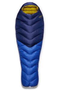 rab neutrino 600 down insulated lightweight mummy sleeping bag for climbing and mountaineering - nightfall blue - 10 degree, long, left zip