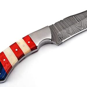 sharp knives Damascus hunting Knife With Leather Sheath- Best Damascus Steel American Flag Hunting Knife 703AF