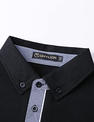 GHYUGR Men's Polo Shirts Short Sleeve Slim Fit Polo Casual Plaid Splice T-Shirts,Black 4,M