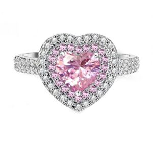 glow spectra jewels 2.34 cttw heart shape simulated pink sapphire & white cubic zirconia wedding engagement halo ring in 14k white gold plated 925 sterling silver ring size - 7.5