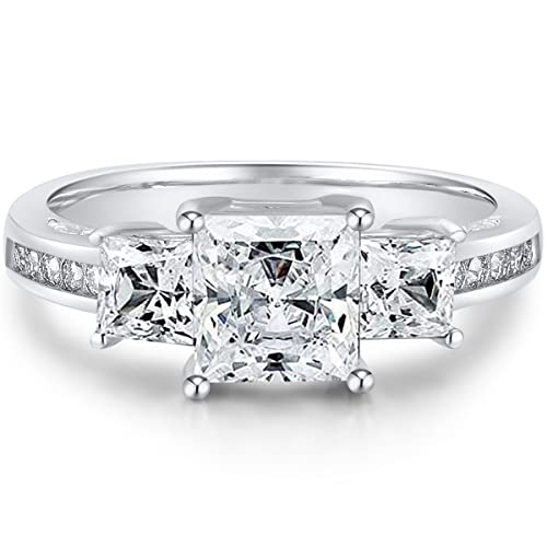 ZLAEBL 2 3/5 Carat (ctw) 3-Stone Princess Cut Moissanite engagement Rings for women Platinum Plated Silver moissanite rings (Available in size 4.5-11)