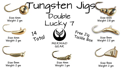 Tungsten Ice Fishing Jigs - Lucky 14 Pack Gold 4-6mm Free Tackle Box Case Included 1-2gm #8-10 Hook Lure Bait Walleye Crappie Panfish Trout