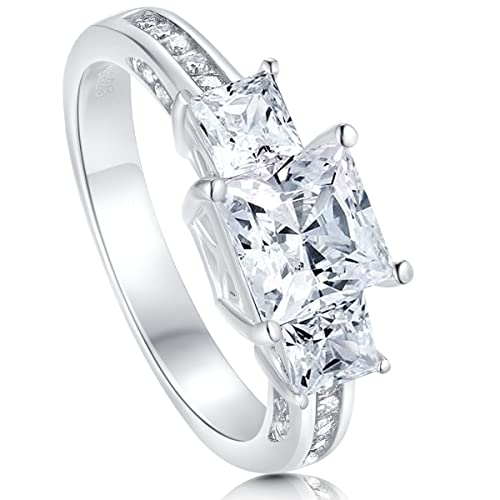 ZLAEBL 2 3/5 Carat (ctw) 3-Stone Princess Cut Moissanite engagement Rings for women Platinum Plated Silver moissanite rings (Available in size 4.5-11)