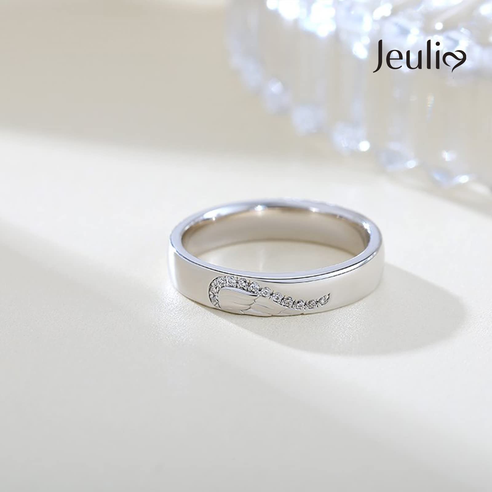 Jeulia Sterling Silver Band for Women Heart Shape Two Tone Angel Wing Fingerprint Inlay Rings Couples Wedding Engagement Promise Jewelry with Gifts Box (Angel Wing, 10)