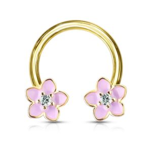 14g 1 2 pink enamel cz flower yellow gold plated horseshoe nipple ring septum yellow,pink