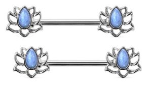 body accentz 14g opal lotus ends nipple ring nipple bar 1.6mm nipple piercing barbell (blue)