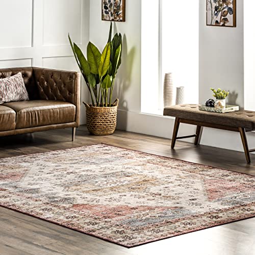 nuLOOM 4' x 6' SpinClean Machine Washable Stain-Resistant Area Rug with Non Slip Backing, Low Profile for Living Room, Bedroom, and Dining Room, Emani Multi