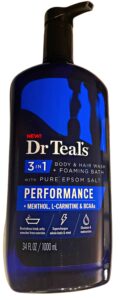 dr teal's 3 in 1 body & hair wash + foaming bath with menthol, l-carnitine & bcaas- performance