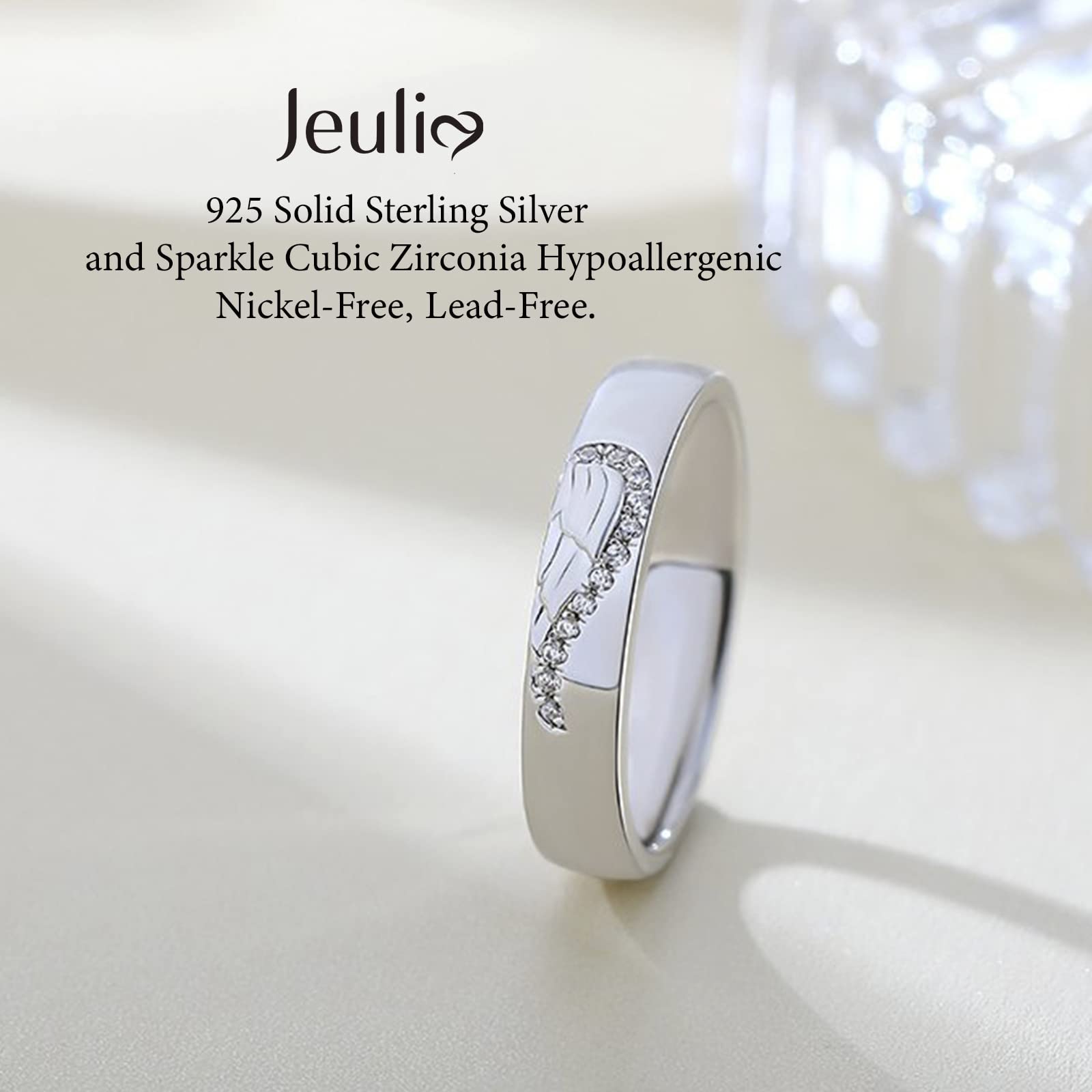 Jeulia Sterling Silver Band for Women Heart Shape Two Tone Angel Wing Fingerprint Inlay Rings Couples Wedding Engagement Promise Jewelry with Gifts Box (Angel Wing, 10)