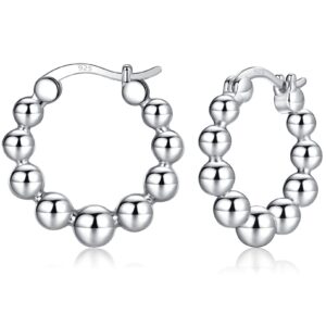 nupdot chunky silver hoop earrings for women | thick 925 sterling silver post beaded ball huggies earrings lightweight hypoallergenic hoops jewelry gifts. 15mm