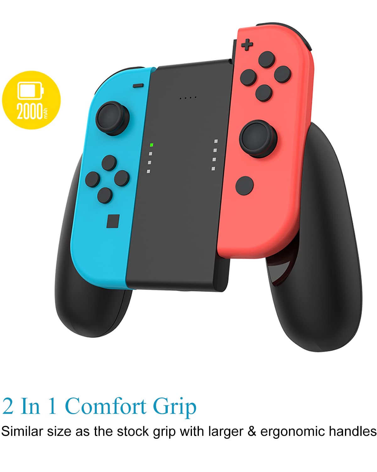 Kinvoca Charging Grip with 2000mAh Battery, 2-in-1 Comfort Grip for Nintendo Switch Controller, Controller Charger with 32in USB-C Cable, Power & Charge Indicators, Overcharge Protection