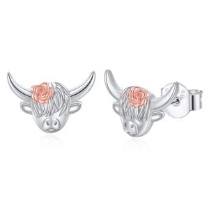 yafeini highland cow gifts earrings sterling silver highland cow head with rose flower studs cow jewelry valentines day gifts for women