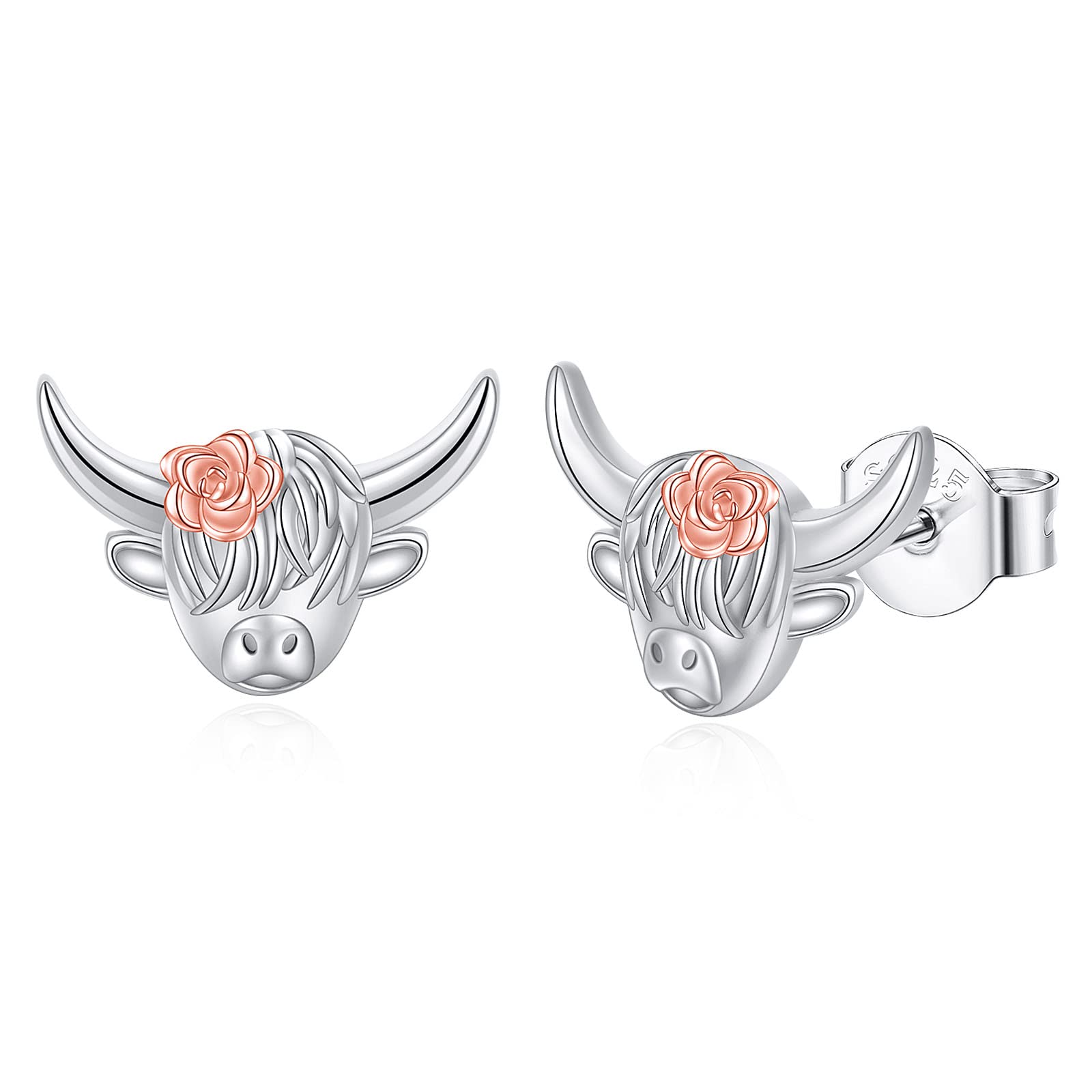 YAFEINI Highland Cow Gifts Earrings Sterling Silver Highland Cow Head with Rose Flower Studs Cow Jewelry Valentines Day gifts for Women