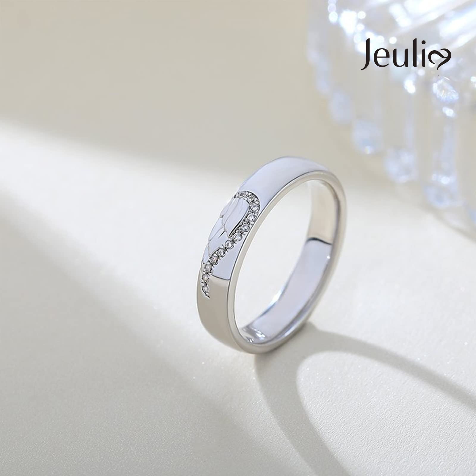 Jeulia Sterling Silver Band for Women Heart Shape Two Tone Angel Wing Fingerprint Inlay Rings Couples Wedding Engagement Promise Jewelry with Gifts Box (Angel Wing, 10)