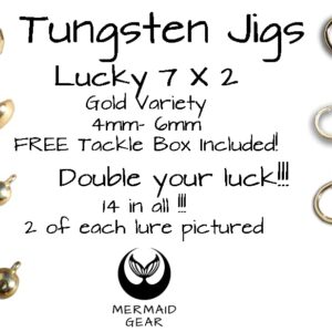 Tungsten Ice Fishing Jigs - Lucky 14 Pack Gold 4-6mm Free Tackle Box Case Included 1-2gm #8-10 Hook Lure Bait Walleye Crappie Panfish Trout