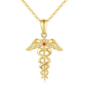 wsx real 14k yellow gold registered nurse necklace for women rn caduceus pendant medical symbol charm fine jewelry gifts for her