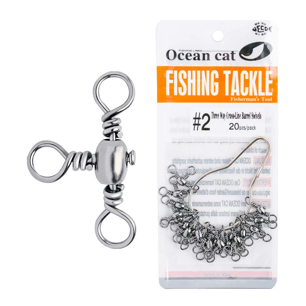 OCEAN CAT 40/60/80/100 Pcs Three Way Cross-Line Barrel Swivels Connector 3 Way T-Turn Tangle Triple Fishing Barrel Swivel Tackle Snaps Accessories Size 2#4#6#8#10# (1/0, 100 pcs)