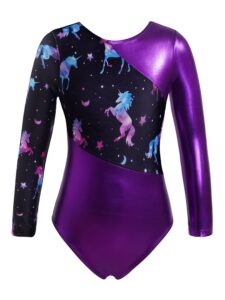 fldy kids girls shiny metallic gymnastics leotards long sleeves sparkly ballet dance costumes one piece bodysuit dancewear purple 14 years