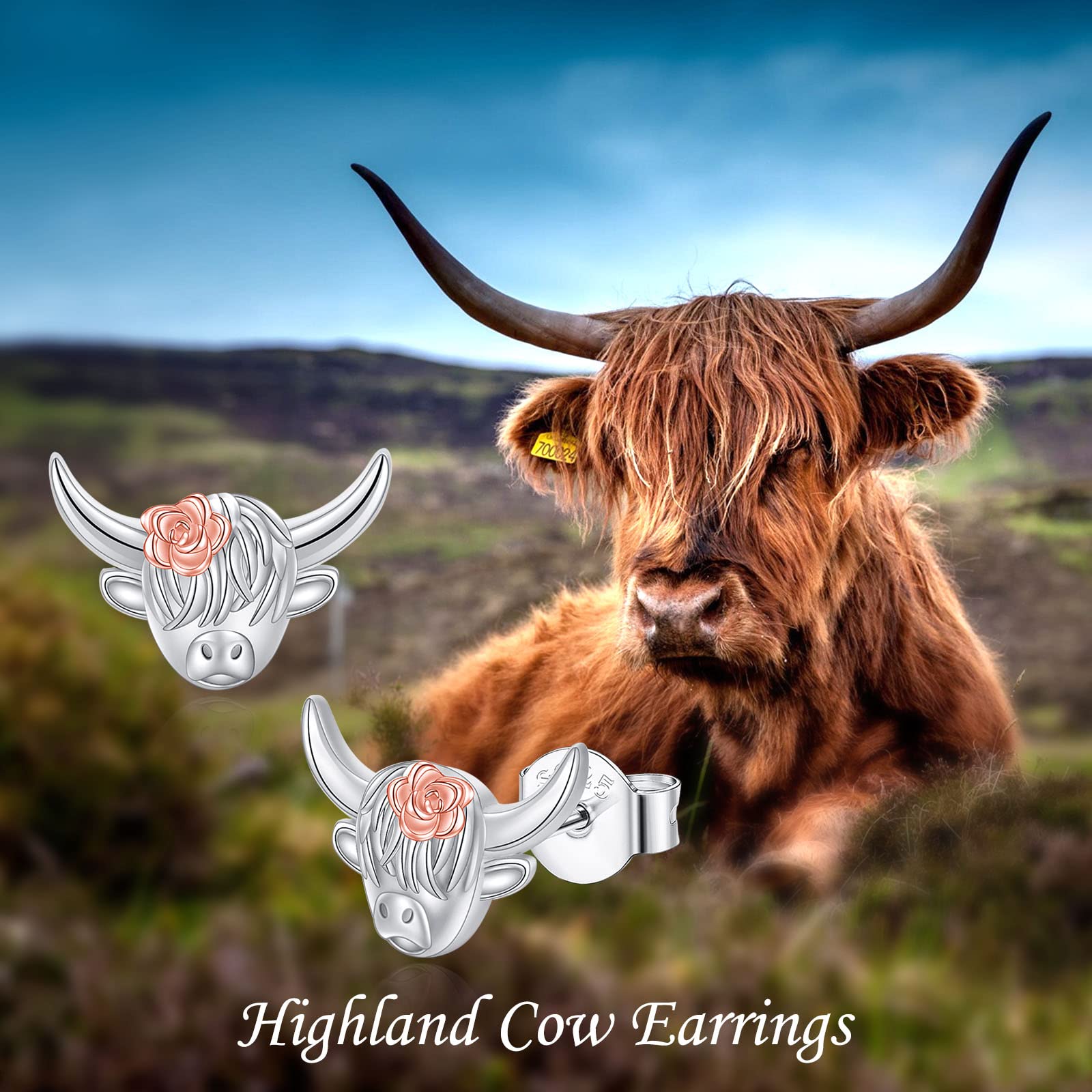 YAFEINI Highland Cow Gifts Earrings Sterling Silver Highland Cow Head with Rose Flower Studs Cow Jewelry Valentines Day gifts for Women