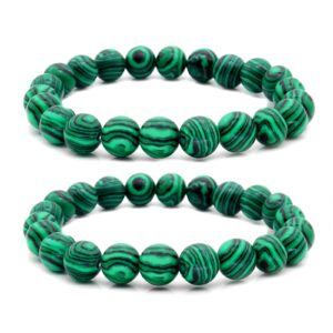 hujuon 2pcs natural malachite bracelet set,handmade gemstone malachite stone beaded stretch bracelets yoga natural stone beads bracelet for women men (2pcs)