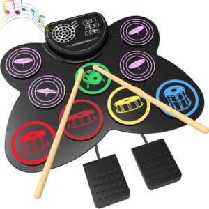 electric drum set, mazahei 9 pads silicon electronic drum pad with headphone jack foot pedals drum sticks, build in speakers drum set kids for christmas birthday gifts