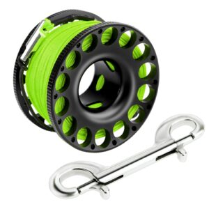 pecihiko scuba diving reel, aluminum alloy wreck cave finger spool with 30m/100ft high visibility line and double-ended bolt snap clip fits for outdoor diving activities fluorescent green