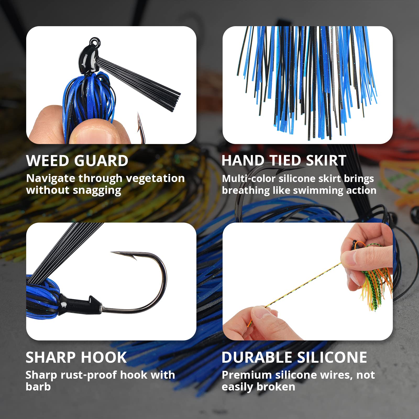 Jigreat Fishing Jig with Weed Guard 3/8 oz Silicone Skirt Fishing Lures for Bass Perch Multi-Color Pack of 6