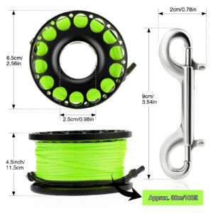 Pecihiko Scuba Diving Reel, Aluminum Alloy Wreck Cave Finger Spool with 30m/100ft High Visibility Line and Double-Ended Bolt Snap Clip Fits for Outdoor Diving Activities Fluorescent Green