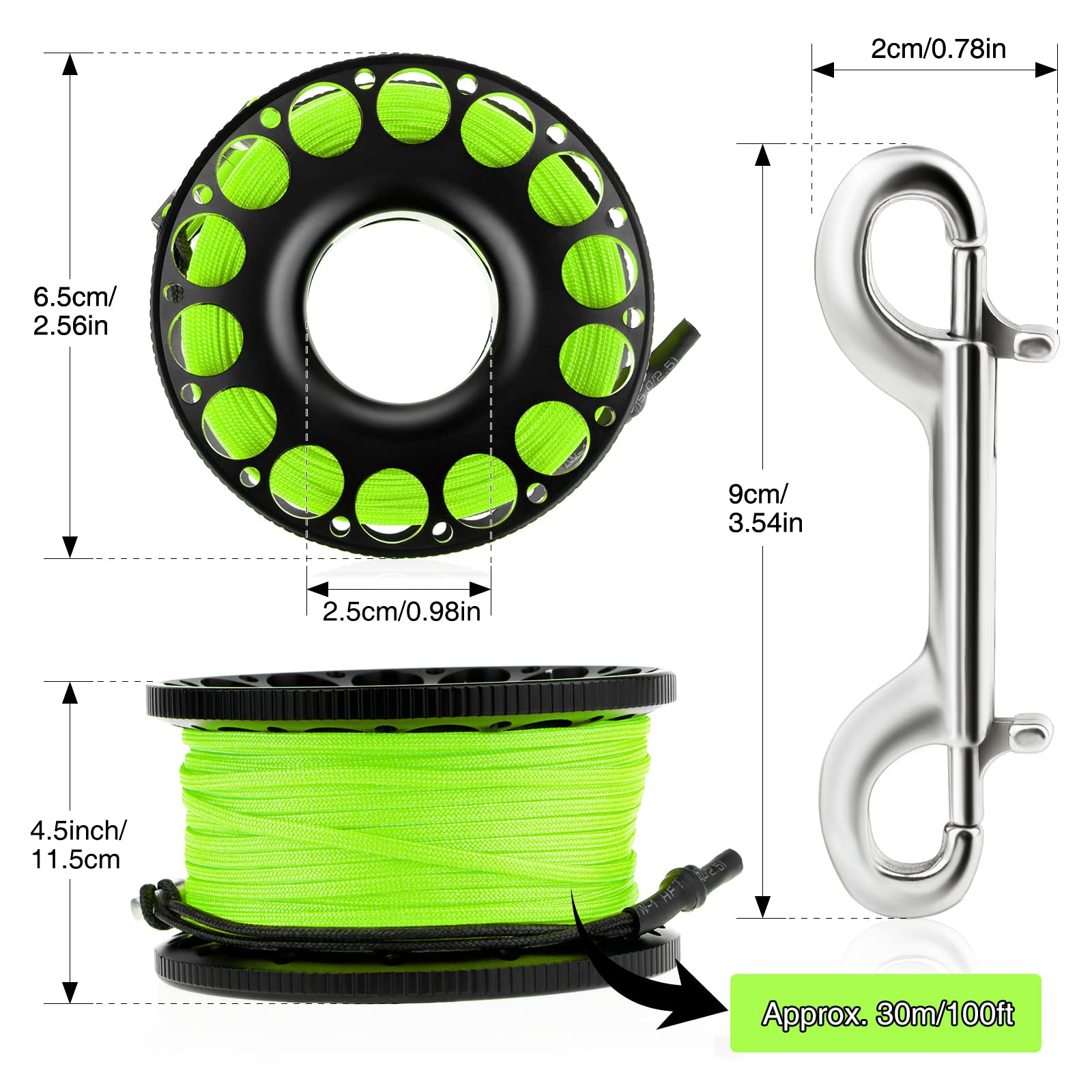 Pecihiko Scuba Diving Reel, Aluminum Alloy Wreck Cave Finger Spool with 30m/100ft High Visibility Line and Double-Ended Bolt Snap Clip Fits for Outdoor Diving Activities Fluorescent Green