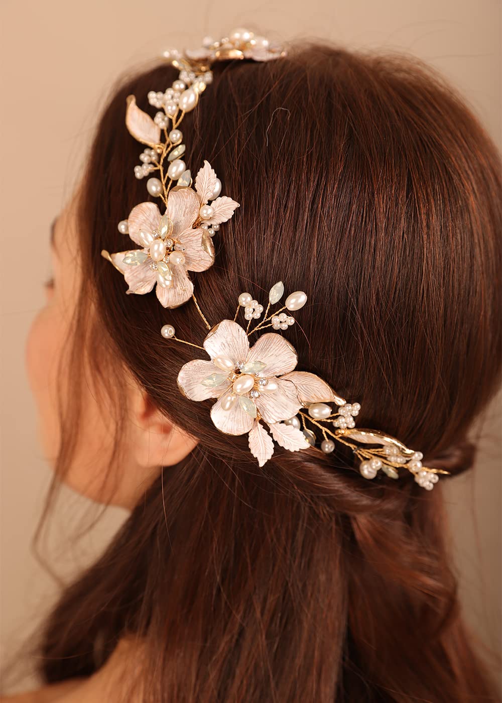 Kercisbeauty Wedding Bridal Gold Headband Women and Girls Flower Hair Piece for Special Occasion Photo Shoot Hair Vine Jewelry