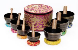 sanskar nepal tibetan singing bowl set of 7 high sided black with carry box | bells for meditation and yoga | sound therapy instruments | singing bowl set for chakra healing