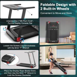 GYMAX Folding Treadmill, Smart APP Control Running Machine with LCD Monitor & Adjustable Device Holder, Portable Treadmill for Home Gym Small Apartment (Red)