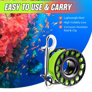 Pecihiko Scuba Diving Reel, Aluminum Alloy Wreck Cave Finger Spool with 30m/100ft High Visibility Line and Double-Ended Bolt Snap Clip Fits for Outdoor Diving Activities Fluorescent Green