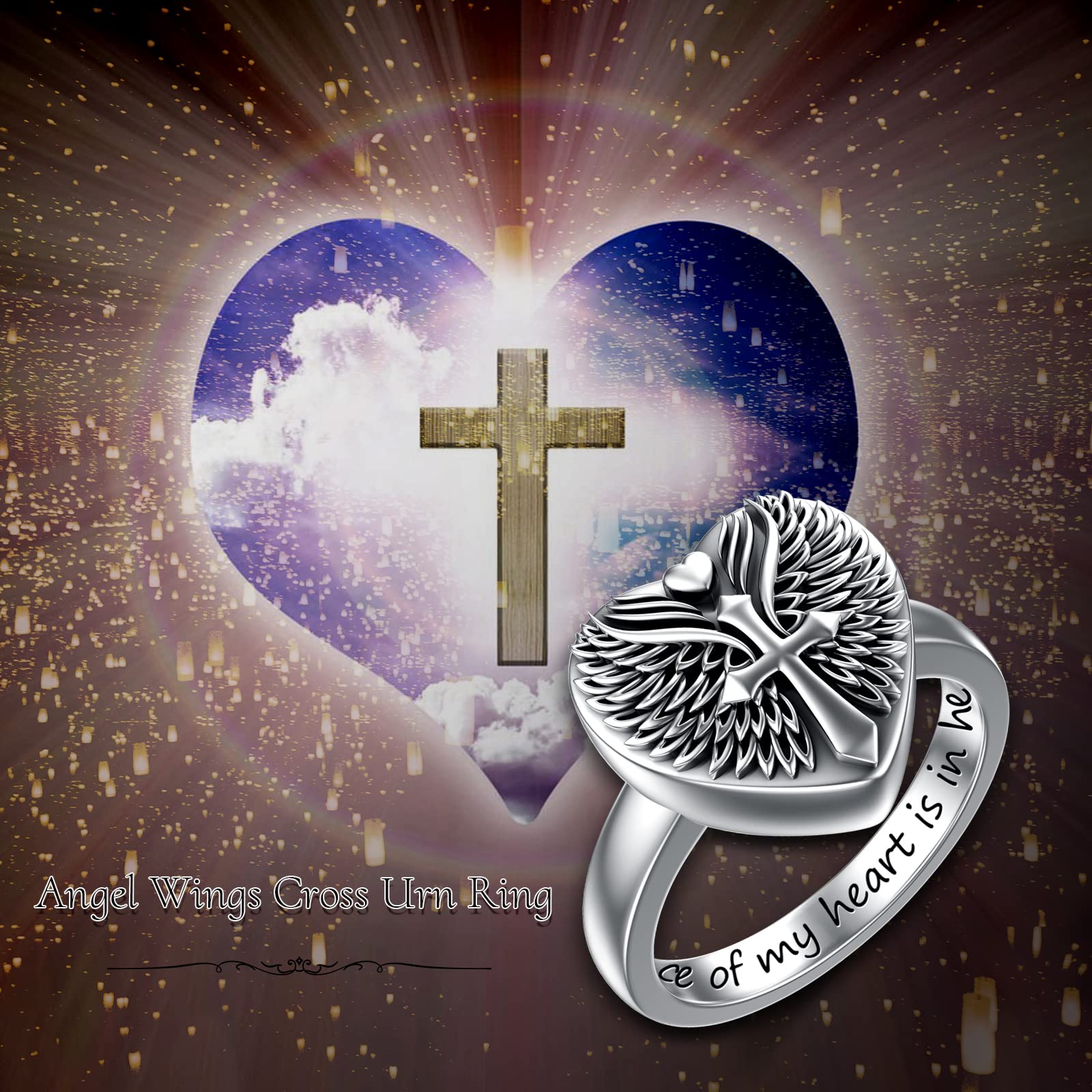 Sterling Silver Angel Wings Cross Urn Heart Cremation Rings for Ashes for Women Religious Memorial Keepsake Ring Holds Loved Ones Ashes Memorial Jewelry Gifts for Women Size 7