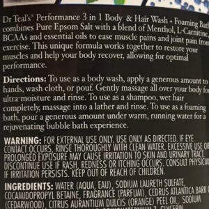 Dr Teal's 3 in 1 Body & Hair Wash + Foaming Bath with Menthol, L-Carnitine & BCAAs- Performance