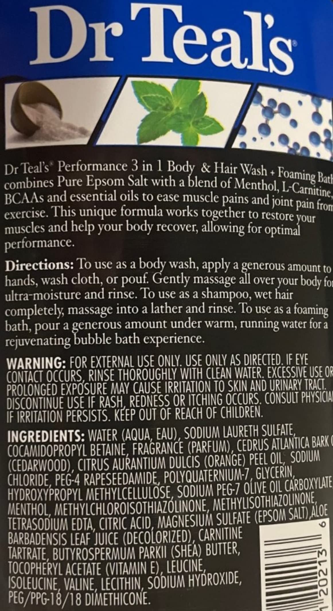 Dr Teal's 3 in 1 Body & Hair Wash + Foaming Bath with Menthol, L-Carnitine & BCAAs- Performance