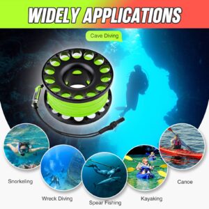 Pecihiko Scuba Diving Reel, Aluminum Alloy Wreck Cave Finger Spool with 30m/100ft High Visibility Line and Double-Ended Bolt Snap Clip Fits for Outdoor Diving Activities Fluorescent Green