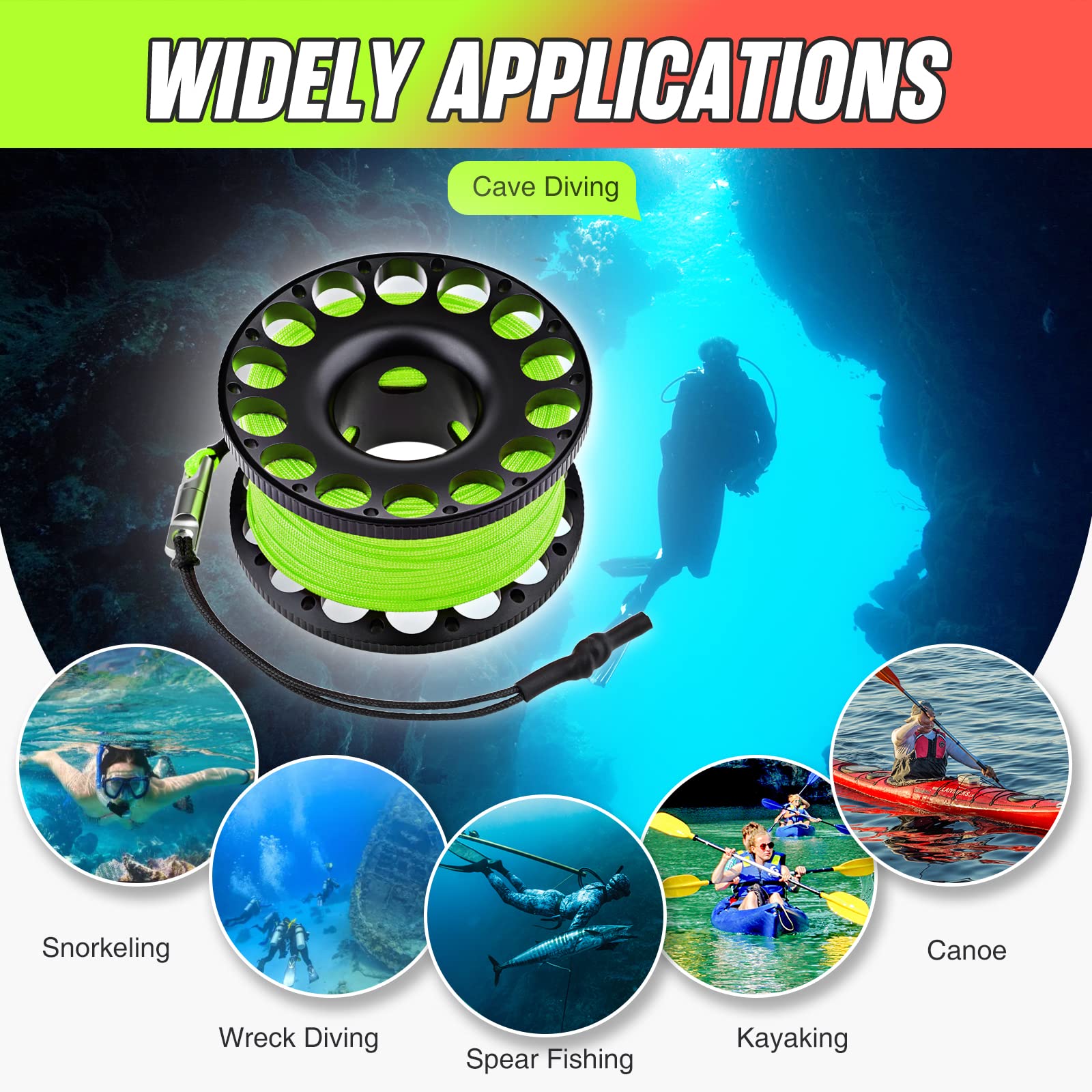 Pecihiko Scuba Diving Reel, Aluminum Alloy Wreck Cave Finger Spool with 30m/100ft High Visibility Line and Double-Ended Bolt Snap Clip Fits for Outdoor Diving Activities Fluorescent Green