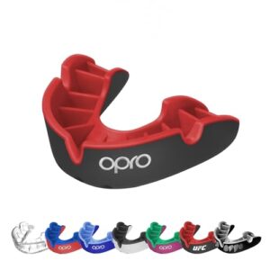 opro silver level adult and youth sports mouthguard with case, gum shield featuring revolutionary fitting technology for hockey, rugby, boxing and contact and combat sports, (black/red, adult)