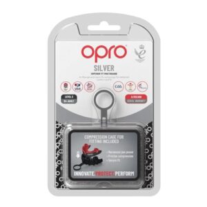 OPRO Silver Level Adult and Youth Sports Mouthguard with Case, Gum Shield Featuring Revolutionary Fitting Technology for Hockey, Rugby, Boxing and Contact and Combat Sports, (Black/Red, Adult)