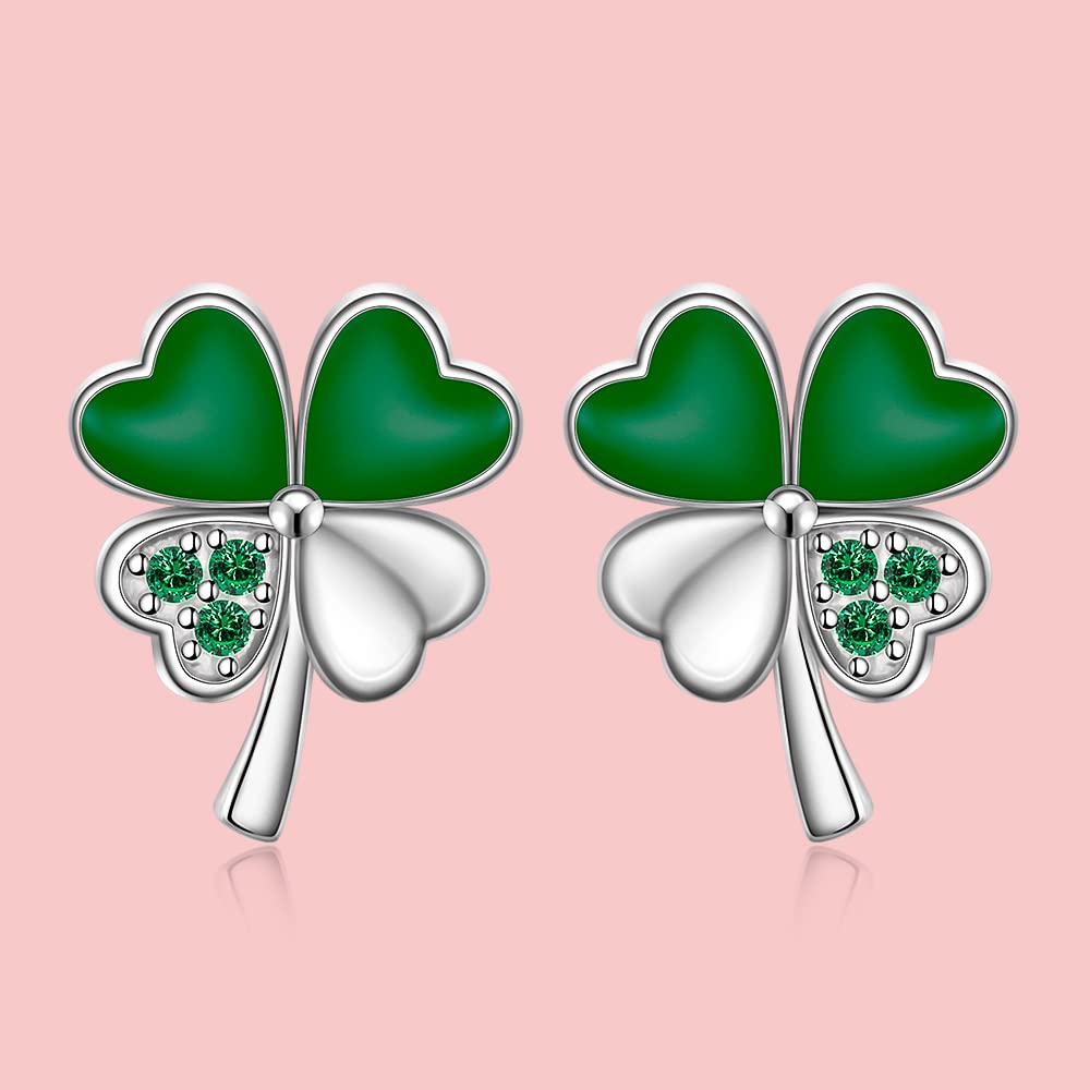 St Patricks Day Shamrock Earrings for Women Sterling Silver Four Leaf Clover Earrings Studs Green Shamrock Jewelry Holiday Gifts