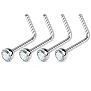 4 Pc Surgical Steel L Bend Nose Stud Ring with 2.5mm Clear CZ Set Half Ball End - 18G