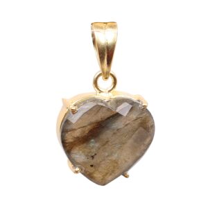 heart shape blue fire labradorite gemstone gold plated brass pendant, green (amzi-1108)